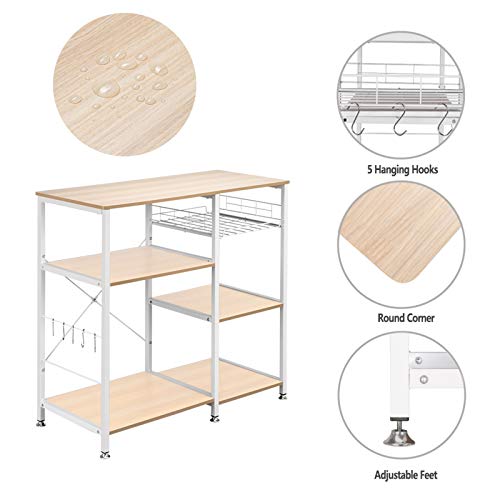 Baker's Rack 3 Tier Utility Storage Shelves with 5 Hooks Standing Storage Rack Floor Spice Rack Storage Shelf Organizer and Shelving Heavy Duty for Kitchens Microwave Living Room Bedroom (White)