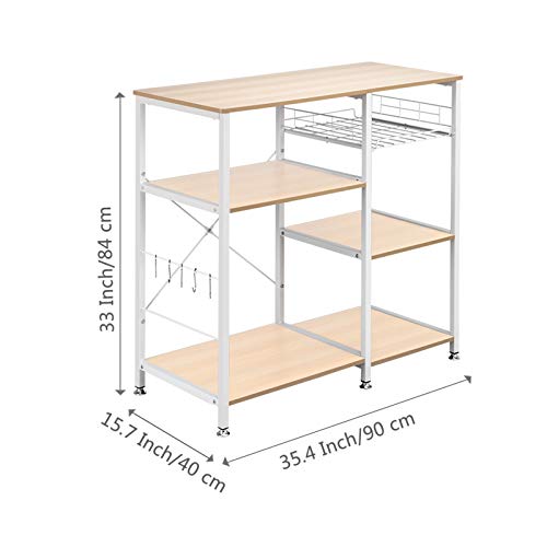 Baker's Rack 3 Tier Utility Storage Shelves with 5 Hooks Standing Storage Rack Floor Spice Rack Storage Shelf Organizer and Shelving Heavy Duty for Kitchens Microwave Living Room Bedroom (White)