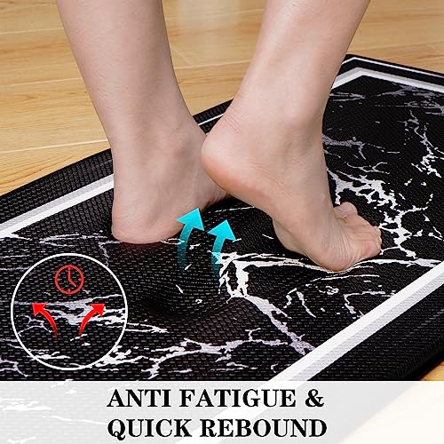 ASPMIZ 2 PCS Kitchen Rugs Non Slip, Black Marble Kitchen Mats Cushioned Anti Fatigue, Comfort Standing Mat for Kitchen Floor, Marble Kitchen Rugs Sets of 2 Washable, 18'' x 48'' + 18'' x 30''