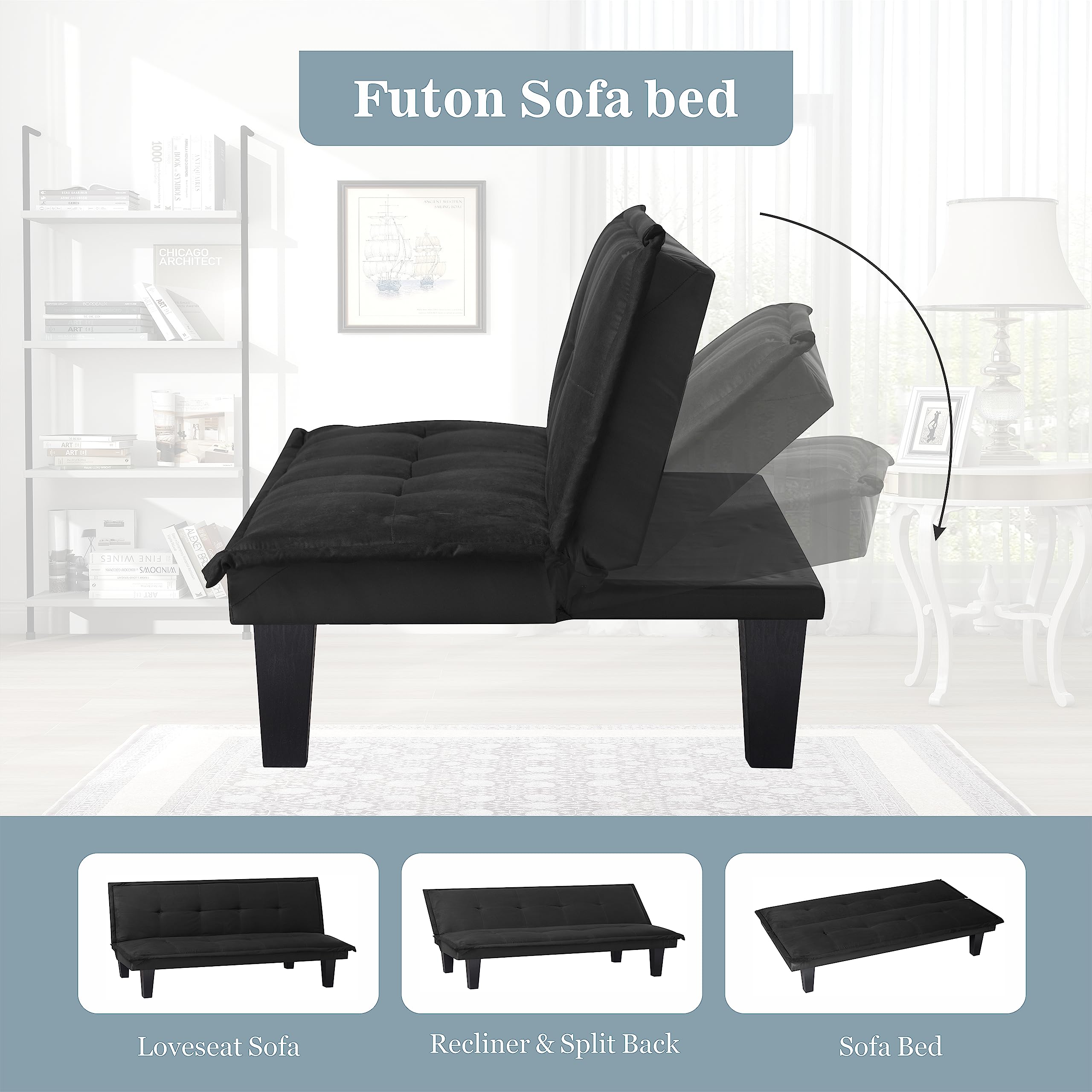 Jmaxo Convertible Folding Sofa Bed, Modern Futon Upholstered Couch Backrest, 3 Angles Adjustable Back for Compact Living Spaces,Apartments Office Dorms, Black