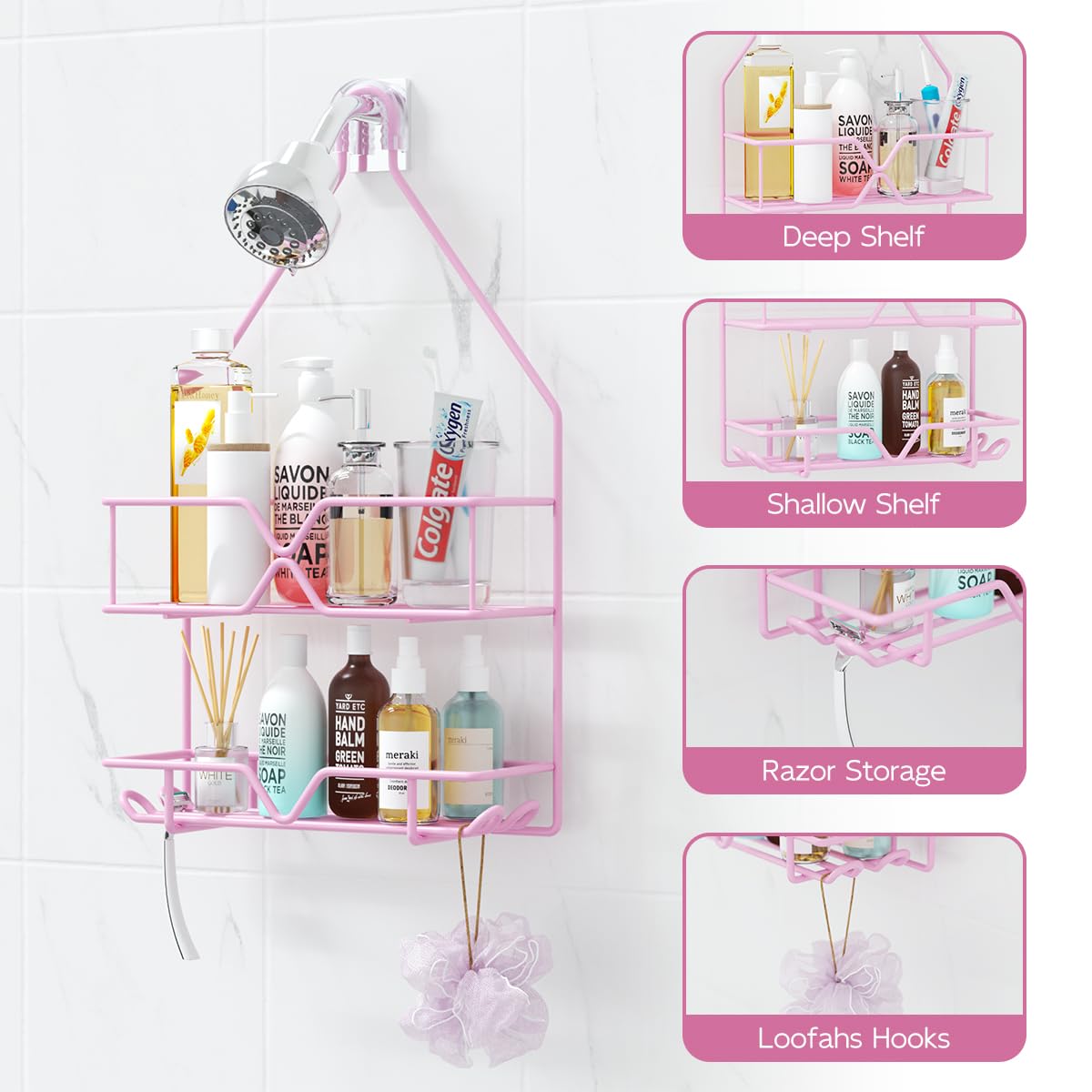 TreeLen Pink Shower Caddy Over Shower Head, Pink Bathroom Accessories, Gift for Girlfriend, Wife, Little Girl