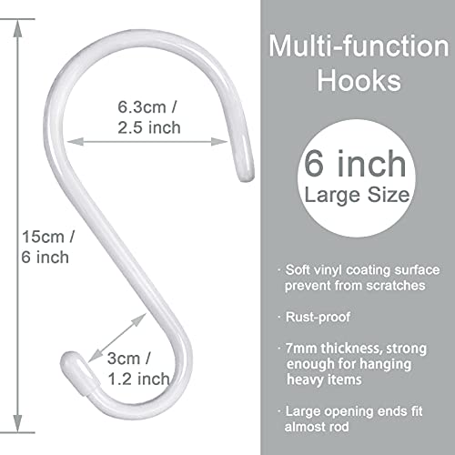 6 Inch White S Hooks, Large Vinyl Coated S Hooks Heavy Duty Non Slip Metal Closet Rod Hooks for Hanging Plants Outdoor Lights Jeans Clothes Bags Pot Pan Cups Tools - 4 Pack