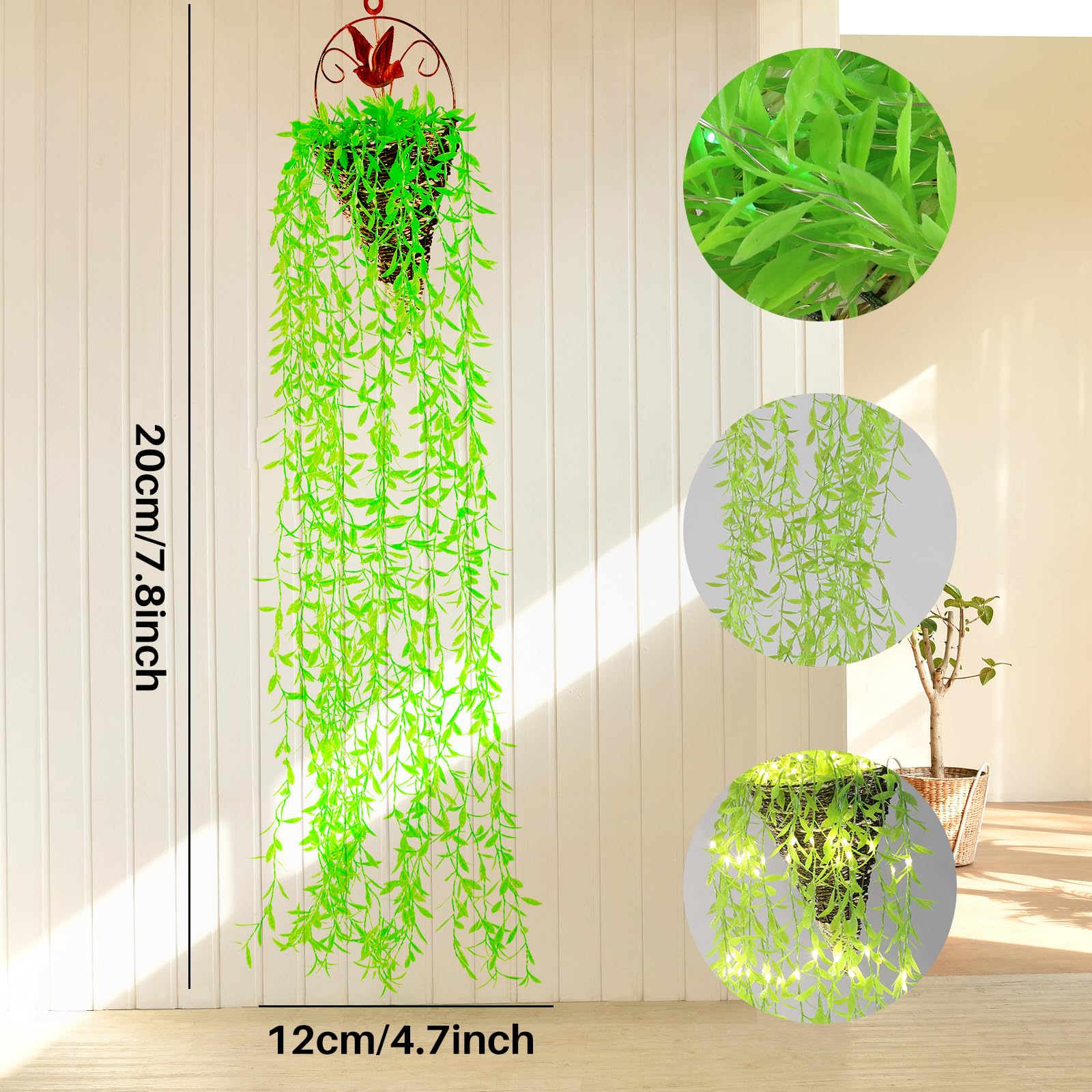 MERRIMAX M Artificial Willow Vines Hanging Plants with 8 Modes 200 LED Fairy Lights,Waterproof Outdoor Green Vine Lights with Remote Control for Room Wall House Garden Patio Decor with Baskets