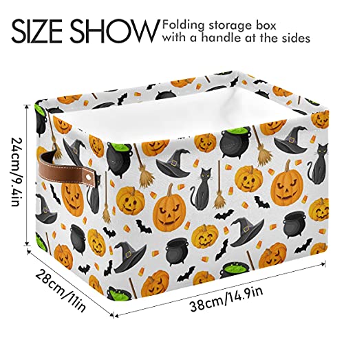 senya Halloween Basket, Large Foldable Storage Basket with Handles Halloween Pumpkin Black Cat Ghost Bat Pattern Fabric Collapsible Storage Bins Organizer Bag for Storage Toy Storage