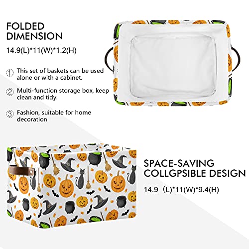 senya Halloween Basket, Large Foldable Storage Basket with Handles Halloween Pumpkin Black Cat Ghost Bat Pattern Fabric Collapsible Storage Bins Organizer Bag for Storage Toy Storage