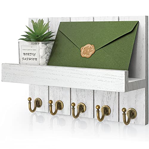 Rebee Vision Key and Mail Holder for Wall: Key Hanger for Wall with Shelf Wood Wall Shelf with Hooks - 5 Hooks for Wall Decorative Retro Hanging Organizer Rustic Farmhouse Decor for Entryway - White