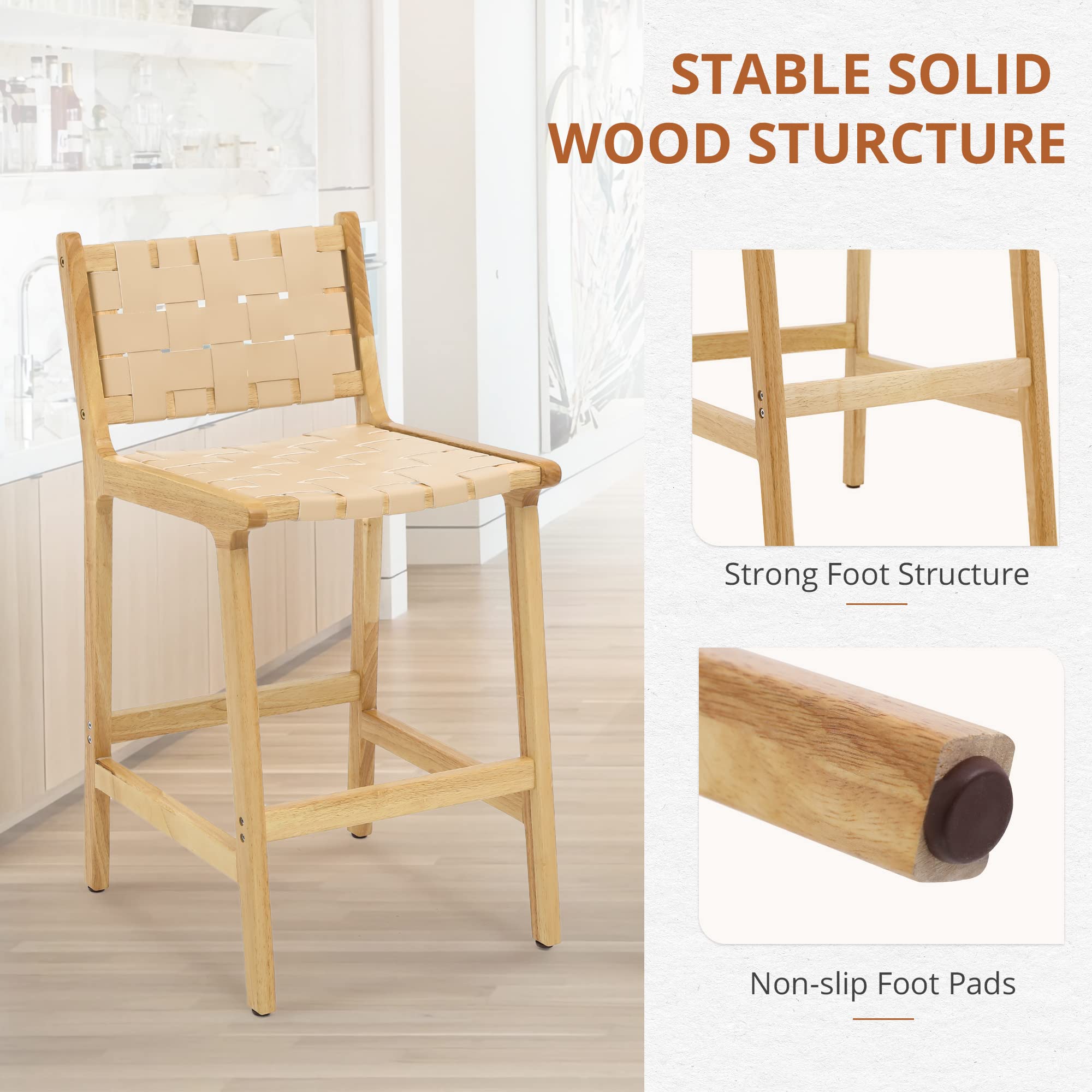 LUE BONA Counter Height Bar Stools 24inch, Set of 4 Faux Leather Woven Counter Stool with Backs, Woven Strips Rattan Barstools with Wood Legs for Home Kitchen, Deep Beige