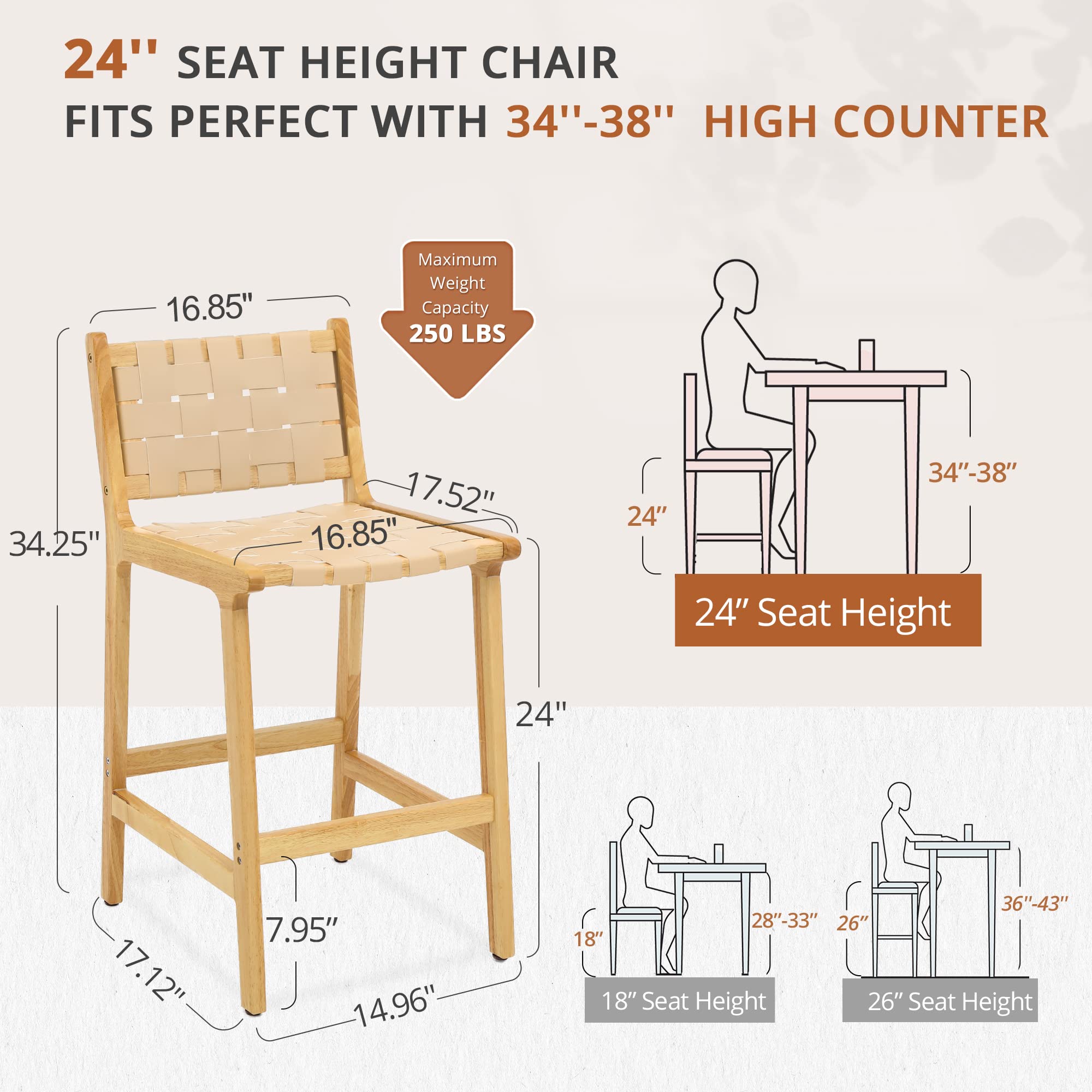 LUE BONA Counter Height Bar Stools 24inch, Set of 4 Faux Leather Woven Counter Stool with Backs, Woven Strips Rattan Barstools with Wood Legs for Home Kitchen, Deep Beige