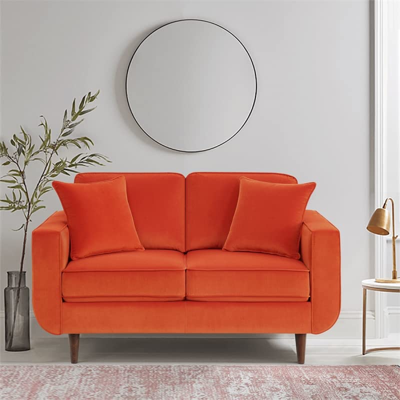 Lexicon Rand 59" Modern Velvet Loveseat with 2 Pillows in Orange