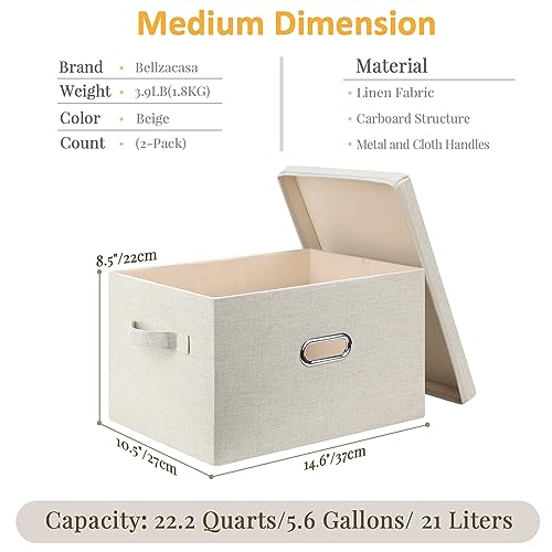 Bellzacasa Collapsible Storage Bins with Lids, 2 Pack Linen Fabric Foldable Storage Bin Cube with Handles, Toy Storage Baskets Box Closet Organizers and Storage Containers, Beige, 14.6x10.5x8.5