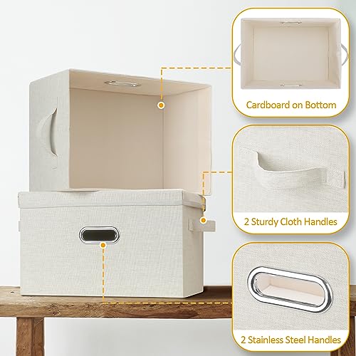 Bellzacasa Collapsible Storage Bins with Lids, 2 Pack Linen Fabric Foldable Storage Bin Cube with Handles, Toy Storage Baskets Box Closet Organizers and Storage Containers, Beige, 14.6x10.5x8.5