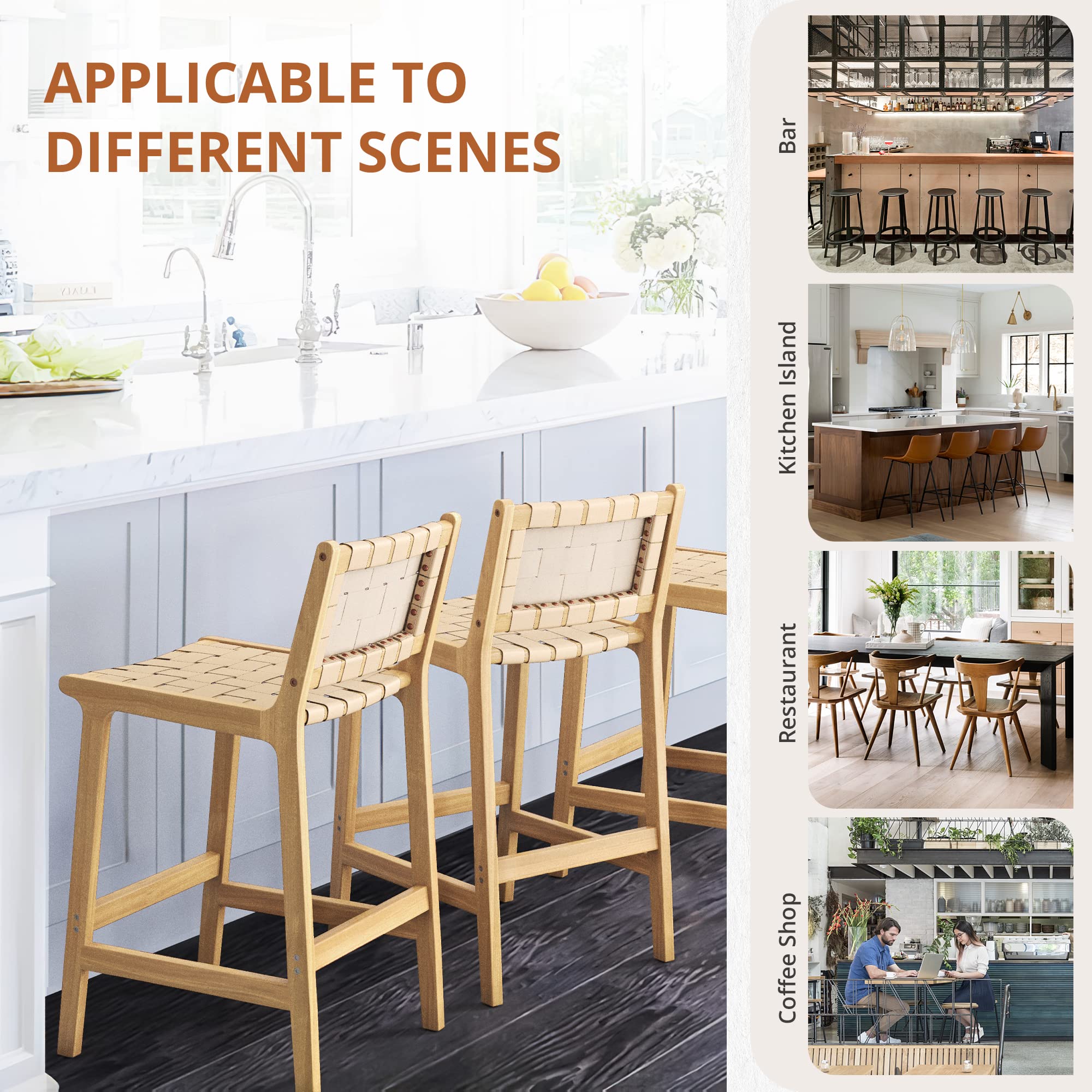 LUE BONA Counter Height Bar Stools 24inch, Set of 4 Faux Leather Woven Counter Stool with Backs, Woven Strips Rattan Barstools with Wood Legs for Home Kitchen, Deep Beige
