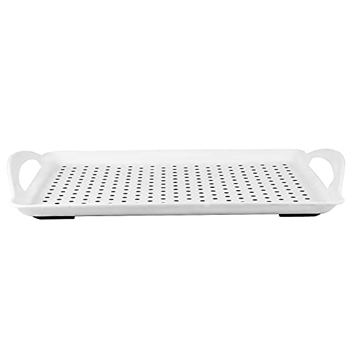 HEIHAK 4 Pack 16.5 x 11.4 x 1.6 Inches Plastic Serving Tray with Handles, Rectangle Non-Slip Food Serving Tray for Eating, Home, Restaurant, White