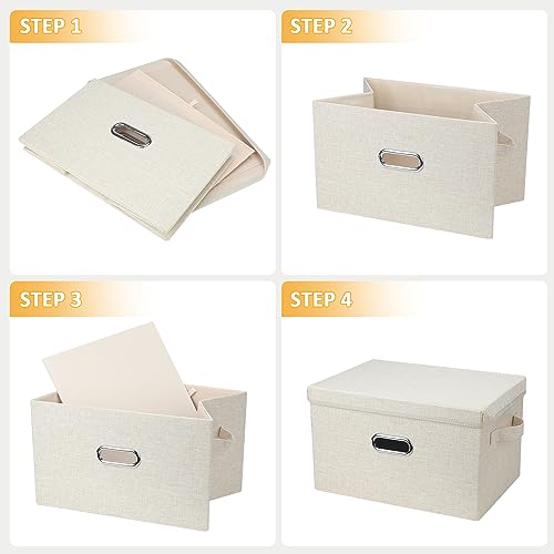 Bellzacasa Collapsible Storage Bins with Lids, 2 Pack Linen Fabric Foldable Storage Bin Cube with Handles, Toy Storage Baskets Box Closet Organizers and Storage Containers, Beige, 14.6x10.5x8.5