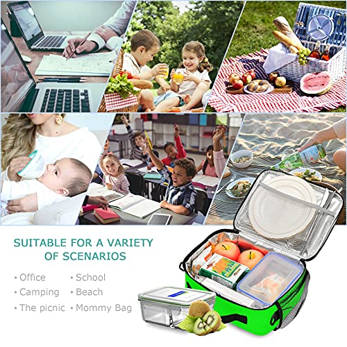 xigua Reusable Lunch Bag Insulated Lunch Box Cooler Tote Removable Shoulder Strap Meal Picnic Bags for Outdoor School Travel Office Work, Plain Neon Green Solid Color