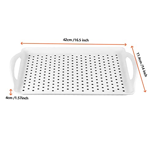 HEIHAK 4 Pack 16.5 x 11.4 x 1.6 Inches Plastic Serving Tray with Handles, Rectangle Non-Slip Food Serving Tray for Eating, Home, Restaurant, White