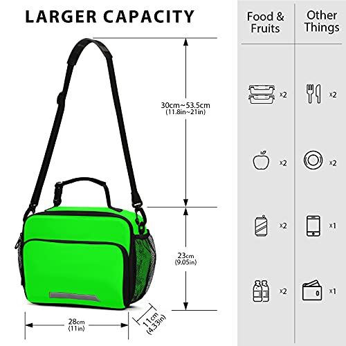 xigua Reusable Lunch Bag Insulated Lunch Box Cooler Tote Removable Shoulder Strap Meal Picnic Bags for Outdoor School Travel Office Work, Plain Neon Green Solid Color