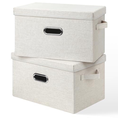 Bellzacasa Collapsible Storage Bins with Lids, 2 Pack Linen Fabric Foldable Storage Bin Cube with Handles, Toy Storage Baskets Box Closet Organizers and Storage Containers, Beige, 14.6x10.5x8.5