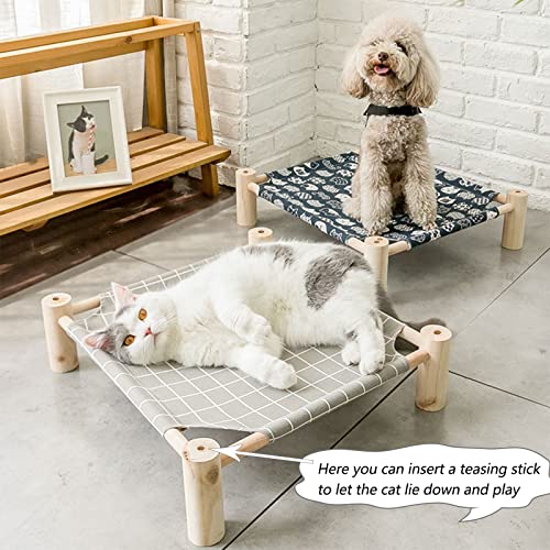 Babyezz Cat and Dog Hammock Bed, Wooden cat Hammock Elevated Cooling Bed, Detachable Portable Indoor/Outdoor pet Bed, Suitable for Cats and Small Dogs (Gray Grid)