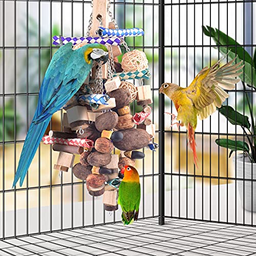 Bissap Large Parrot Chew Toys, 20.8in Bird Parrot Hanging Bite Wooden Blocks Cage Fun Toy for Macaw African Greys Cockatoo Eclectus Budgies Parakeet Cockatiel ect Large Medium Birds