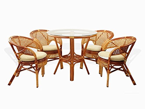 5-Pc Pelangi Rattan Wicker Dining Set with Round Table Glass Top + 4 Arm Chairs, Colonial Color