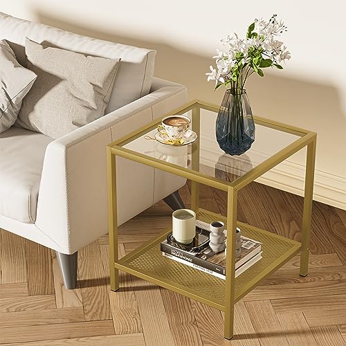 SAYGOER Glass Side Table Small Gold End Table for Small Spaces 2-Tier Square Night Stand with Storage Modern Bed Side Table with Gold Frame for Bedroom Living Room, Easy Assembly