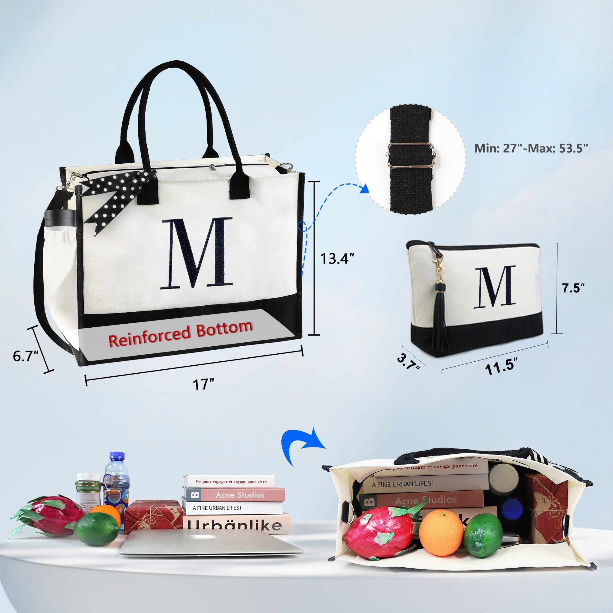 BeeGreen Gifts for Coworkers Mom Personalized Tote Bag Initial Canvas Tote Embroidery Bag Unique Monogram Gift Basket with Makeup Bag & Zipper Pouch for Office Teacher Hostess Sister A