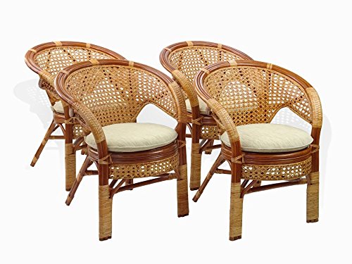 5-Pc Pelangi Rattan Wicker Dining Set with Round Table Glass Top + 4 Arm Chairs, Colonial Color