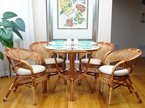 5-Pc Pelangi Rattan Wicker Dining Set with Round Table Glass Top + 4 Arm Chairs, Colonial Color