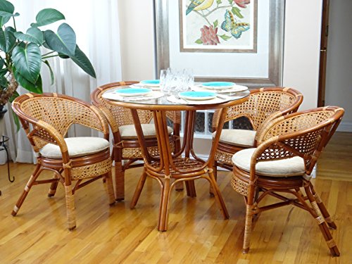 5-Pc Pelangi Rattan Wicker Dining Set with Round Table Glass Top + 4 Arm Chairs, Colonial Color