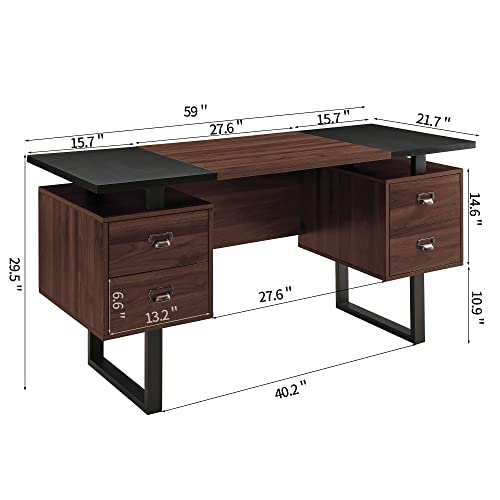 MODERION Computer Desk for Home Office with 4 Large Drawers, Rustic Wood Writing Study Table with Metal Frame, 59β x 21.7β x 29.5β, Easy Assembly, Brown and Black CTSZ20401WACM