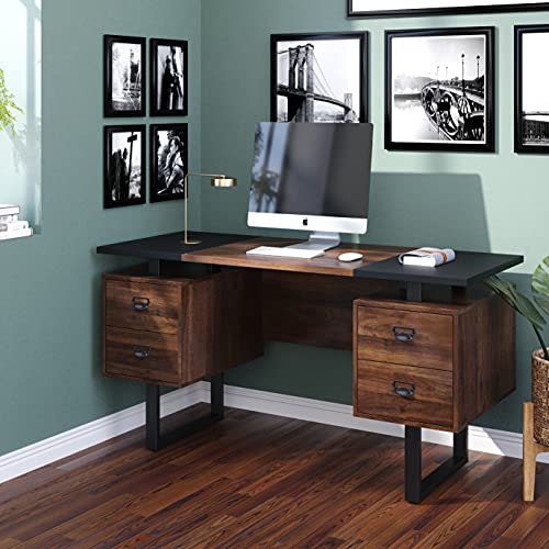 MODERION Computer Desk for Home Office with 4 Large Drawers, Rustic Wood Writing Study Table with Metal Frame, 59β x 21.7β x 29.5β, Easy Assembly, Brown and Black CTSZ20401WACM