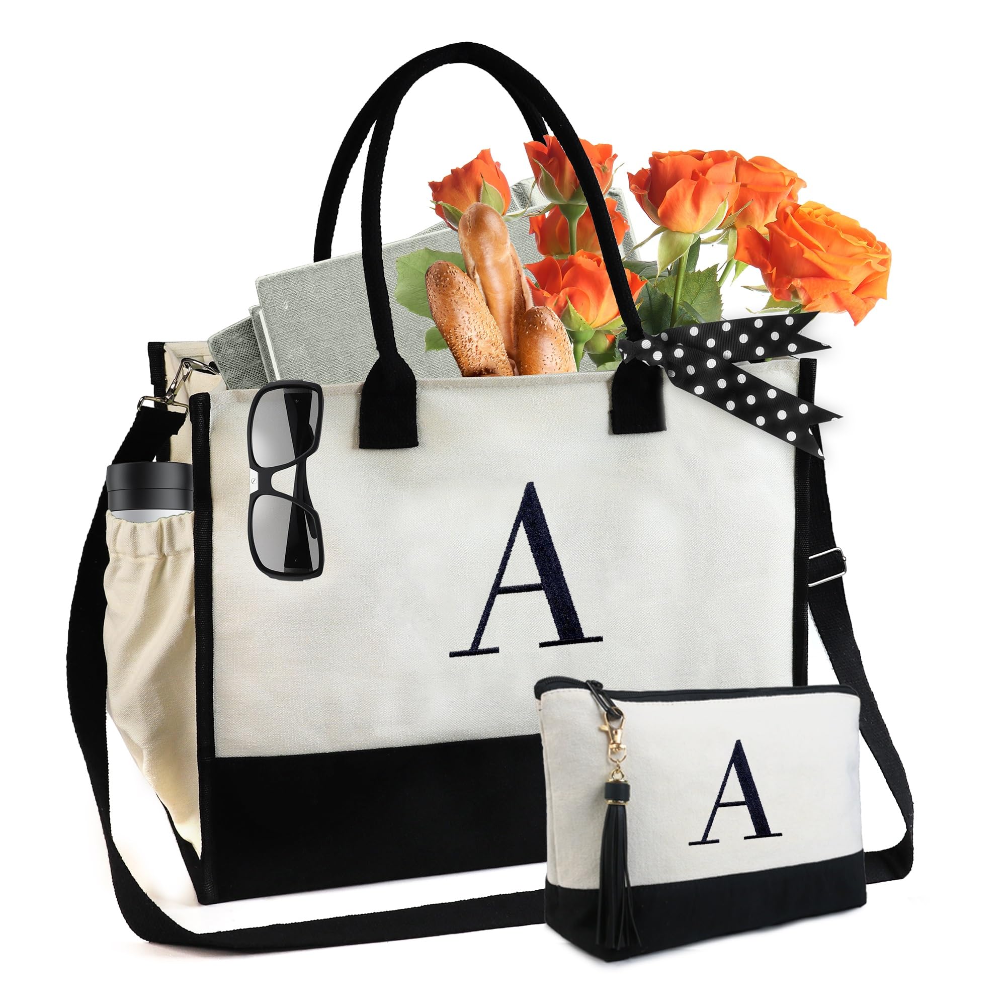 BeeGreen Gifts for Coworkers Mom Personalized Tote Bag Initial Canvas Tote Embroidery Bag Unique Monogram Gift Basket with Makeup Bag & Zipper Pouch for Office Teacher Hostess Sister A