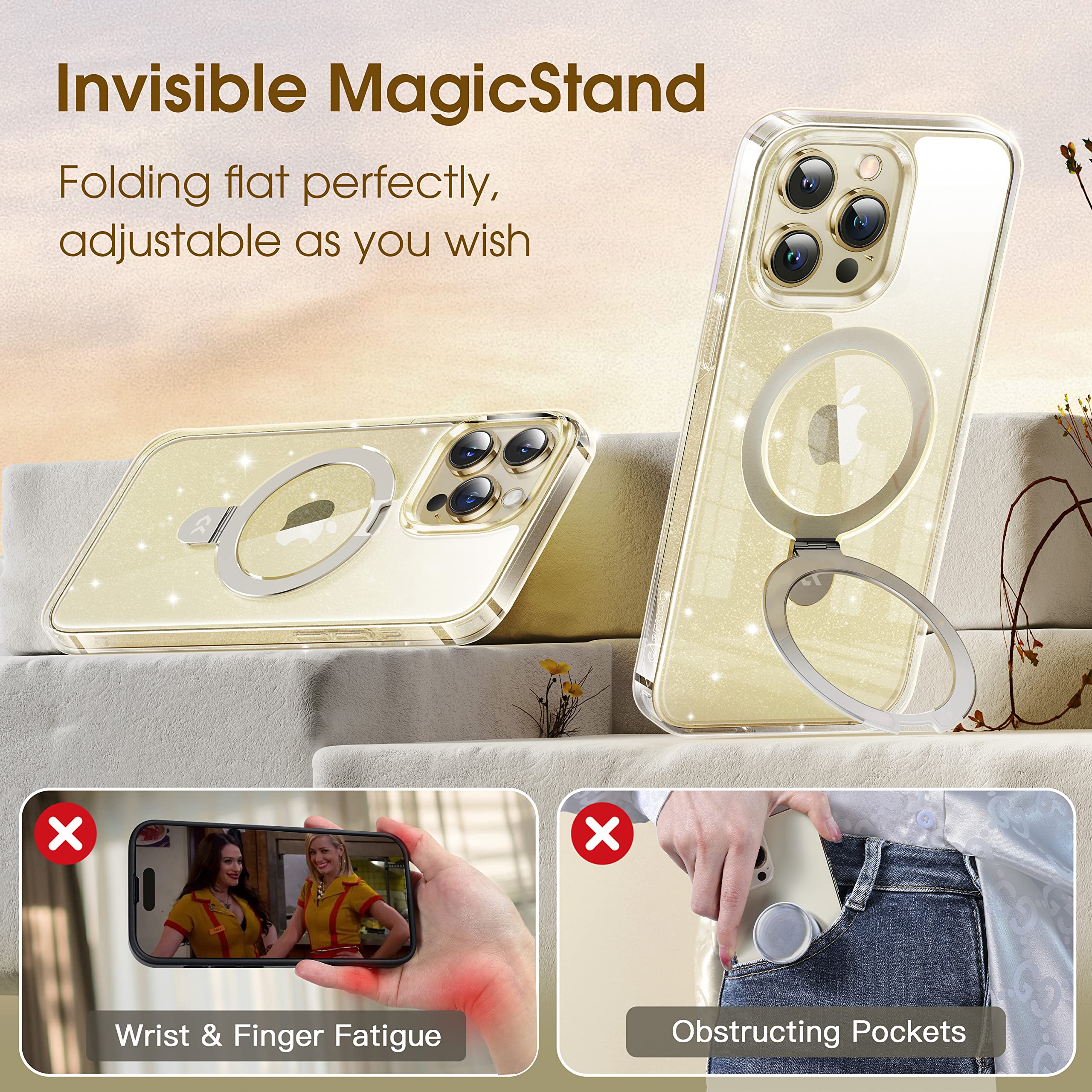 CASEKOO Genuine Official for iPhone 13 Pro Max Case with Magnetic Ring Stand [Compatible with MagSafe] [16FT Military-Grade Protection] Shockproof Twinkle Star Phone Grip Cover 6.7'', Sparkle Glitter