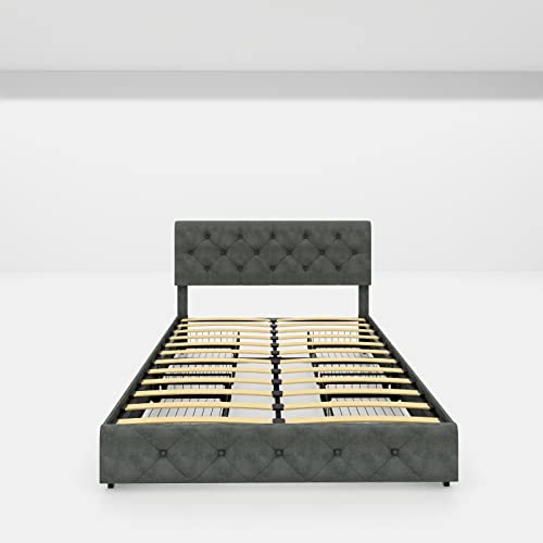 Wancla Queen Upholstered Platform Bed Frame with 4 Storage Drawers/Adjustable Button Tufted Headboard/No Box Spring Neeed/Wood Slat Support/Easy Assembly/Dark Grey, Leathaire