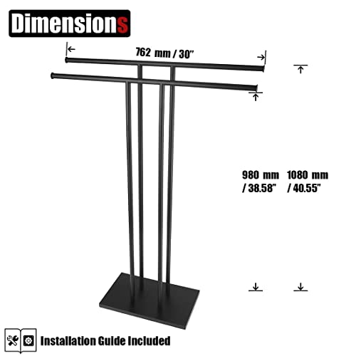 JQK Bath Towel Holder Stand Black, 30 Inch Free Standing Double Towel Rack Shelf for Bathroom Floor, Matte Black, BTH100L30-PB