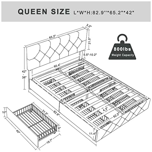 Wancla Queen Upholstered Platform Bed Frame with 4 Storage Drawers/Adjustable Button Tufted Headboard/No Box Spring Neeed/Wood Slat Support/Easy Assembly/Dark Grey, Leathaire