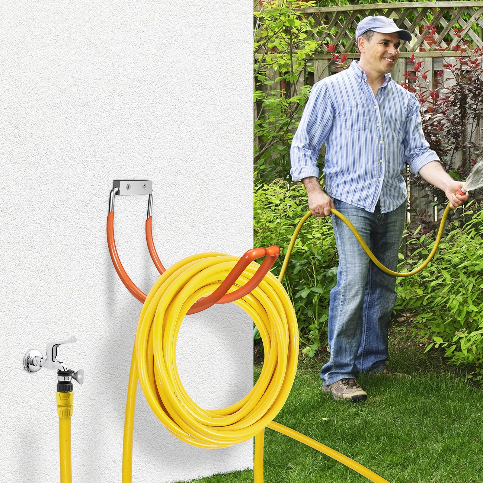 Yoniccal Garden Hose Holder Water Hose Hanger Wall Mounted,304Stainless Steel Solid Hose Hook Holds Up to 150Ft Garden Hose, Expandable Hose, Water Hose Orange