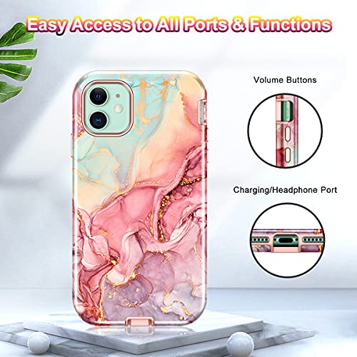 CASEFIV Compatible with iPhone 11 Case,Marble Pattern 3 in 1 Heavy Duty Shockproof Full Body Rugged Hard PC+Soft Silicone Drop Protective Women Girls Cover for iPhone 11 6.1 inch, Rose Gold