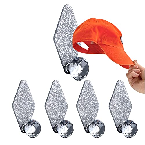Baoswi 4 Pack Self Adhesive Wall Hooks, Diamond Shaped Crystal Glass Hooks Hat Holder Necklace Holders Wall Mounted Jewelry Organizer Clothes Hooks Hat Storage Hat Rack for Wall (Silver)