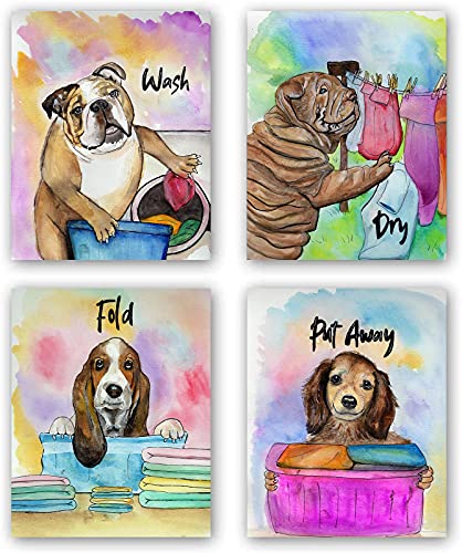 NIIORTY Colorful Puppies Laundry Room Art Decor Poster,Dog Doing Laundry,Funny Laundry Room Saying Wash Dry Fold Repeat Poster,Canvas Wall Art Printing for Home Decoration,Set of 4(8"X10",Unframed)