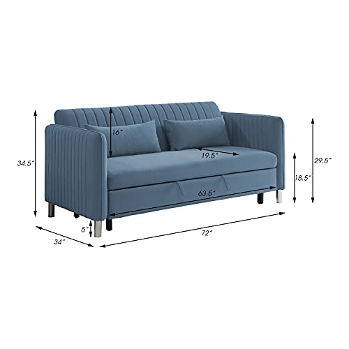 Lexicon Oakhill Velvet Convertible Studio Sofa with Pull-Out Bed, 72" W, Blue