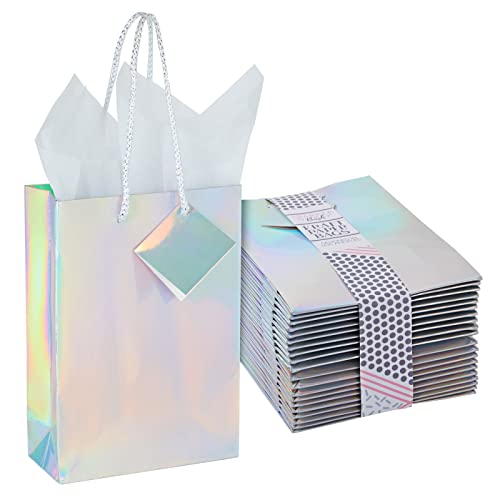 20 Pack Holographic Small Silver Gift Bags with Handles, White Tissue Paper and Tags, Iridescent (8 x 5.5 x 2.5 In)