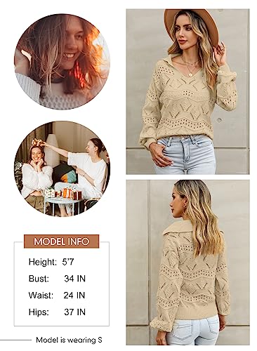 Dokotoo Comfy Lapel Collar Long Sleeve Knitted Pullover Sweaters for Women Sexy V Neck Crochet Fall Jumpers Tops Apricot Large