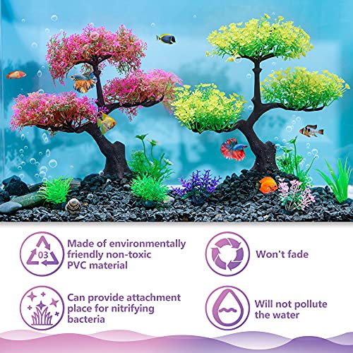 Ameliade Aquarium Artificial Plastic Plants Decoration, Pink Cherry Blossom Tree & Grass Aquarium Decor Set, Goldfish Betta Fish Tank Decorations Hides Accessories (Pink
