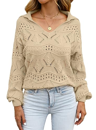 Dokotoo Comfy Lapel Collar Long Sleeve Knitted Pullover Sweaters for Women Sexy V Neck Crochet Fall Jumpers Tops Apricot Large