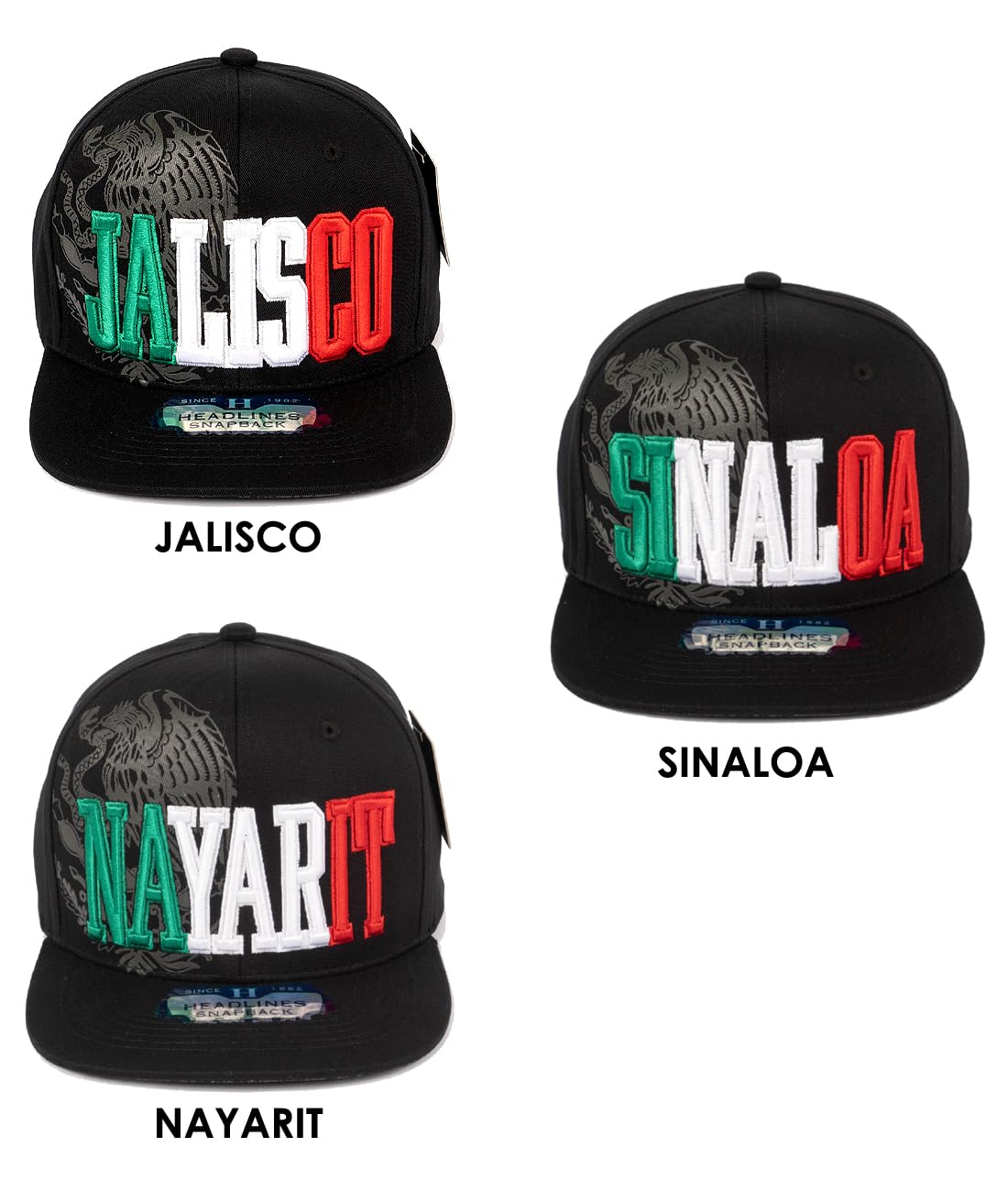 Mexican Hat Mexico State Federal Name Embroidered Snapback Flat Bill Baseball Cap (State-Nayarit) Black