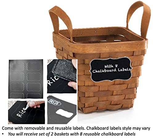 Small Wooden Decorative Woodchip Basket With Handles Empty Baskets 4 Inch 2 Pack For Gifts With Chalkboard Labels. Wicker Baskets Display Snack Pantry Organization Wedding Flower Plant (Dark Stain)