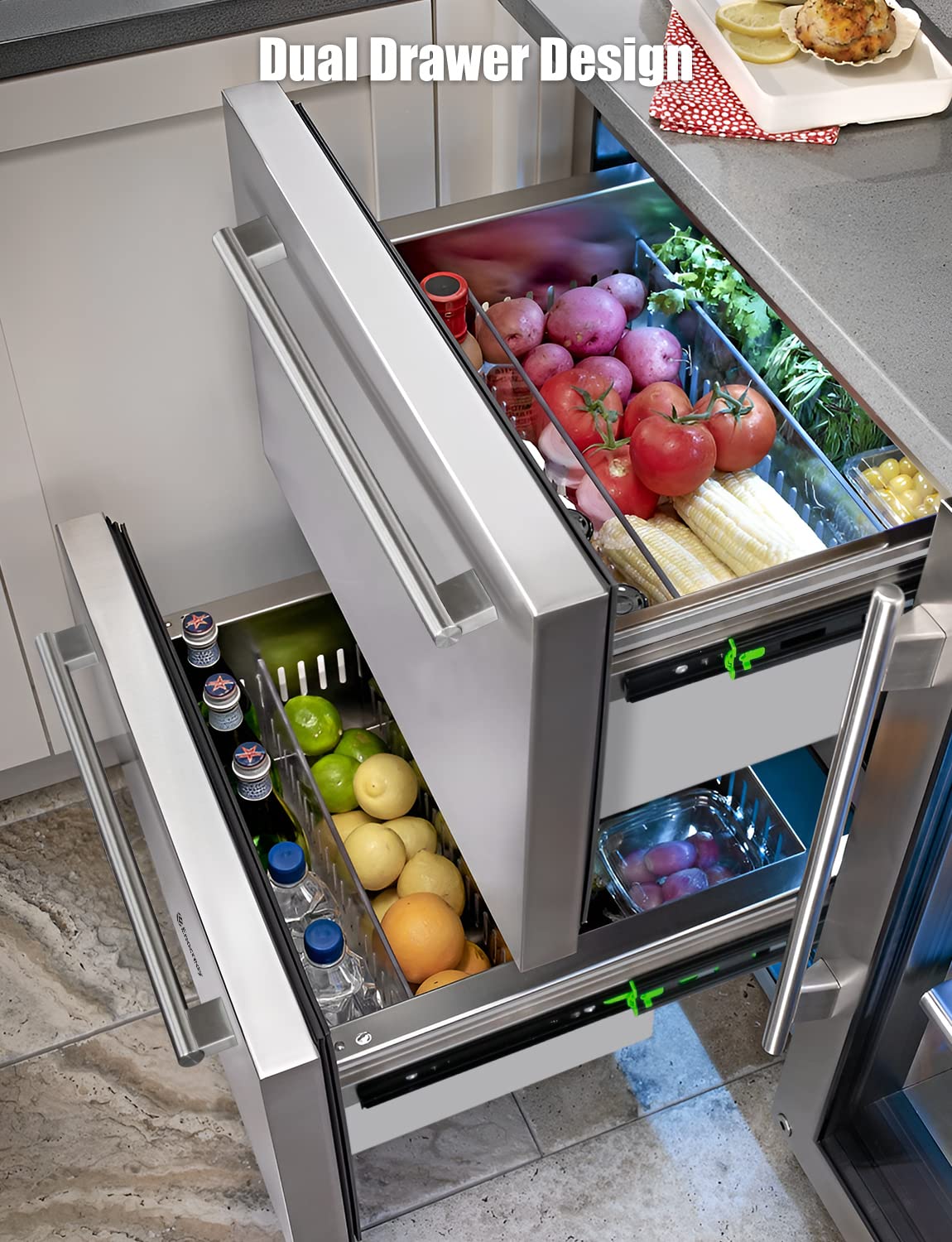 Enocreay Outdoor Drawer Refrigerator, Built-In Under Counter Drawer Fridge Beverage Cooler with Stainless Steel Door, 185 Cans Capacity with Drink Dispenser for Island Kitchen Home Bar
