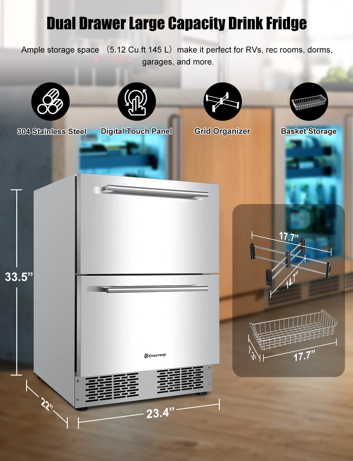 Enocreay Outdoor Drawer Refrigerator, Built-In Under Counter Drawer Fridge Beverage Cooler with Stainless Steel Door, 185 Cans Capacity with Drink Dispenser for Island Kitchen Home Bar